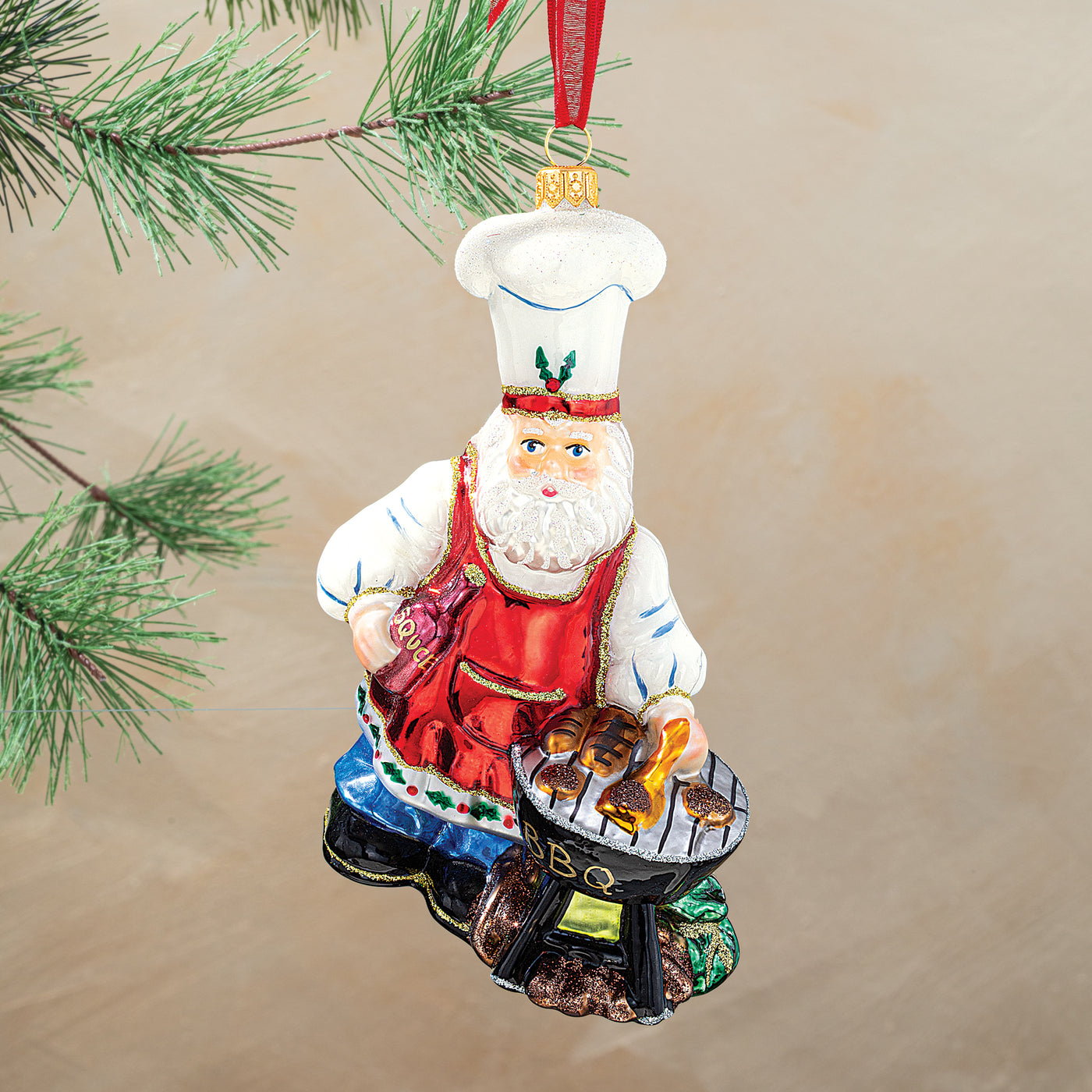 Hand-Painted Glass Grill Master Santa Ornament | Uno Alla Volta