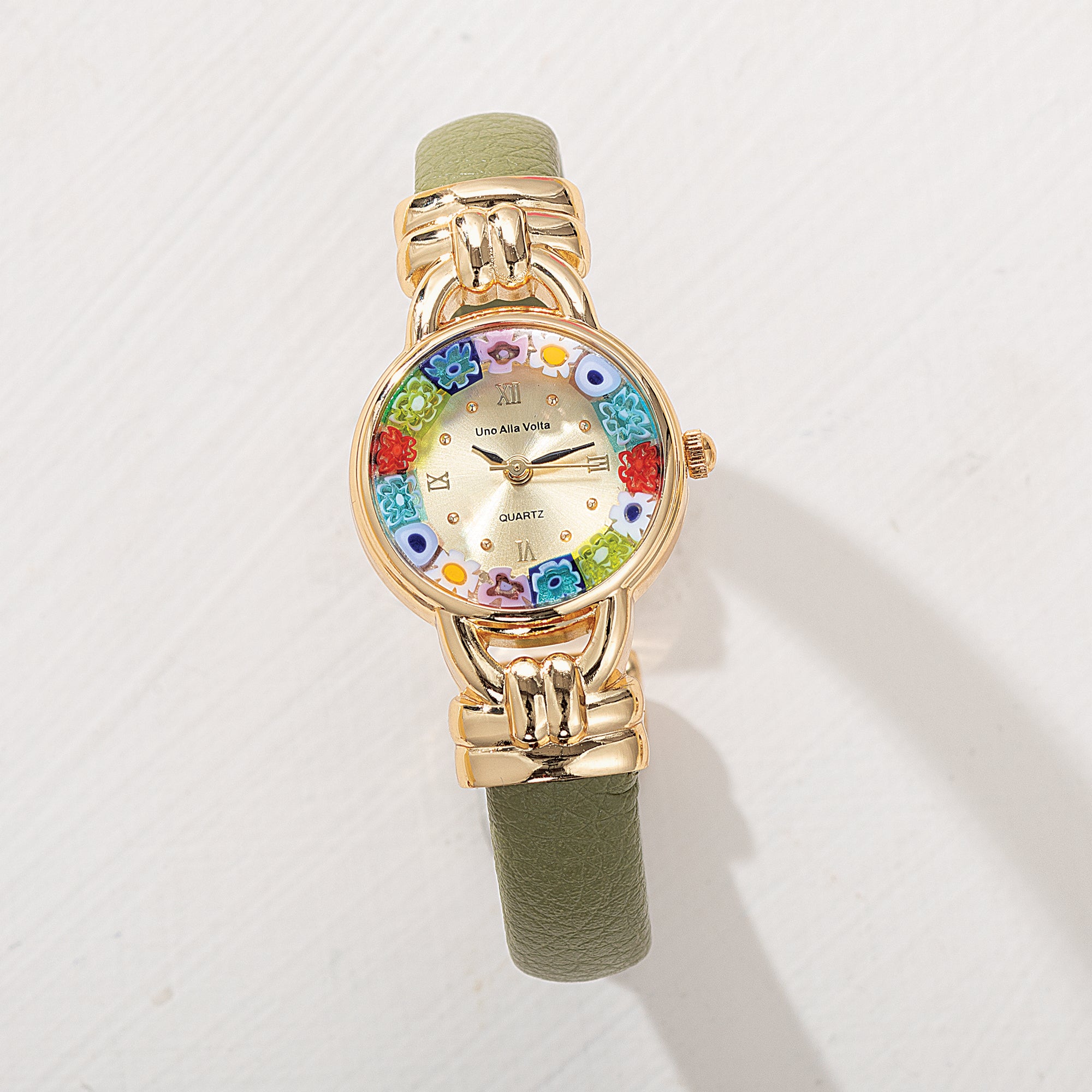 Murano Glass Millefiori Olive Green Cuff Watch | Uno Alla Volta