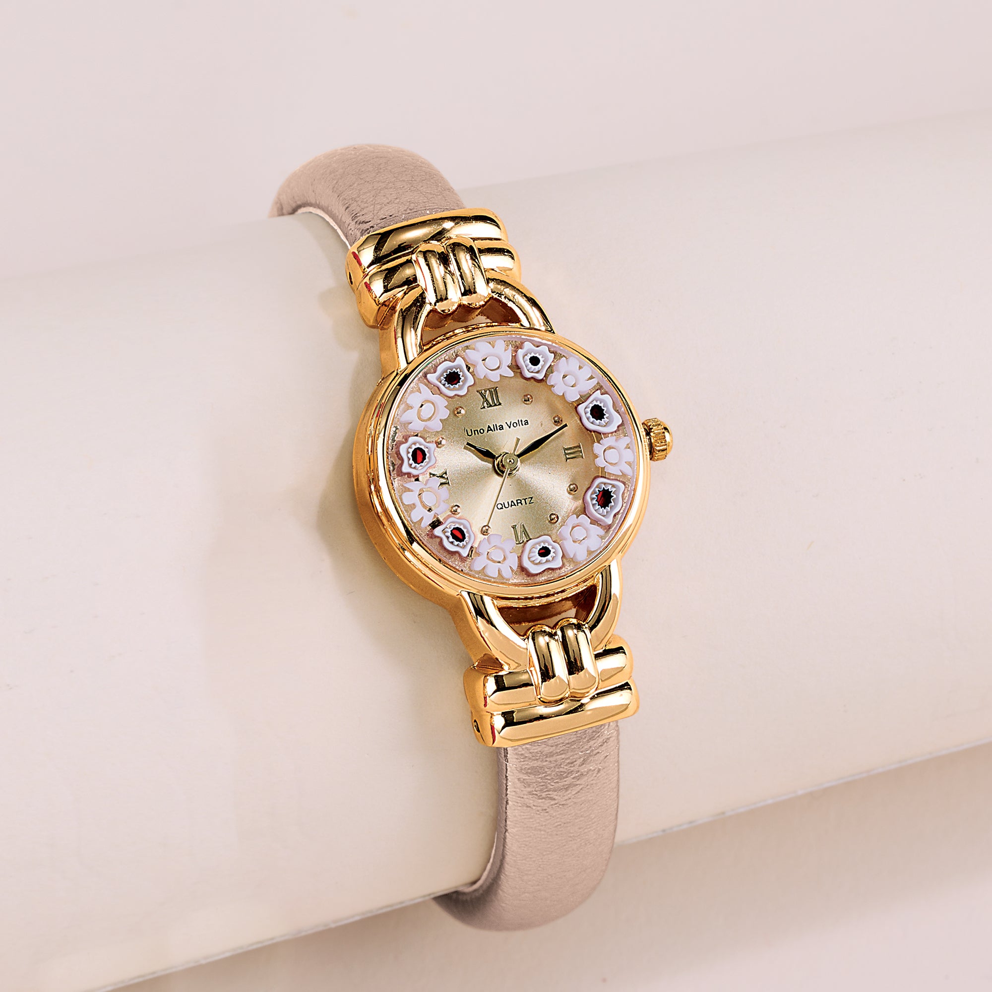 Murano Glass White Millefiori Rose Gold Cuff Watch | Uno Alla Volta