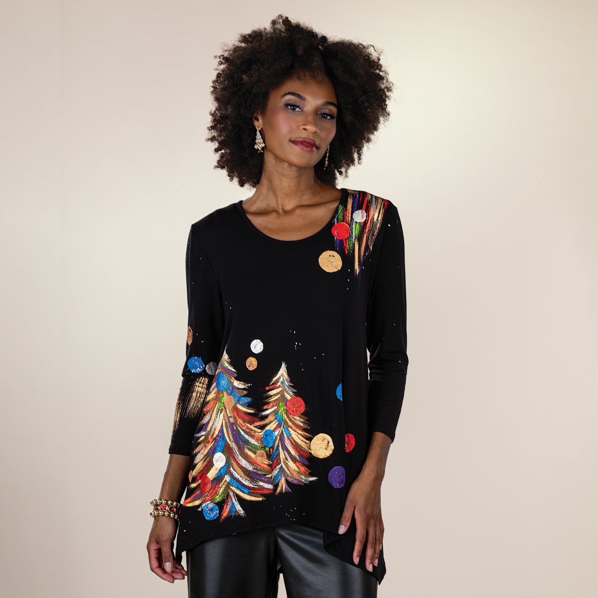 Hand-Painted Colorful Christmas Trees Blouse | Uno Alla Volta
