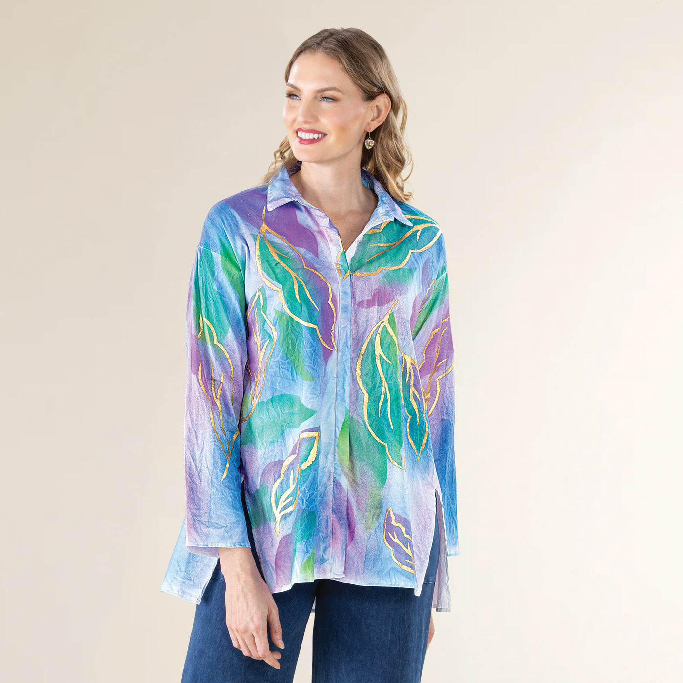 Hand-Painted Gossamer Leaves Button-Up Blouse | Uno Alla Volta