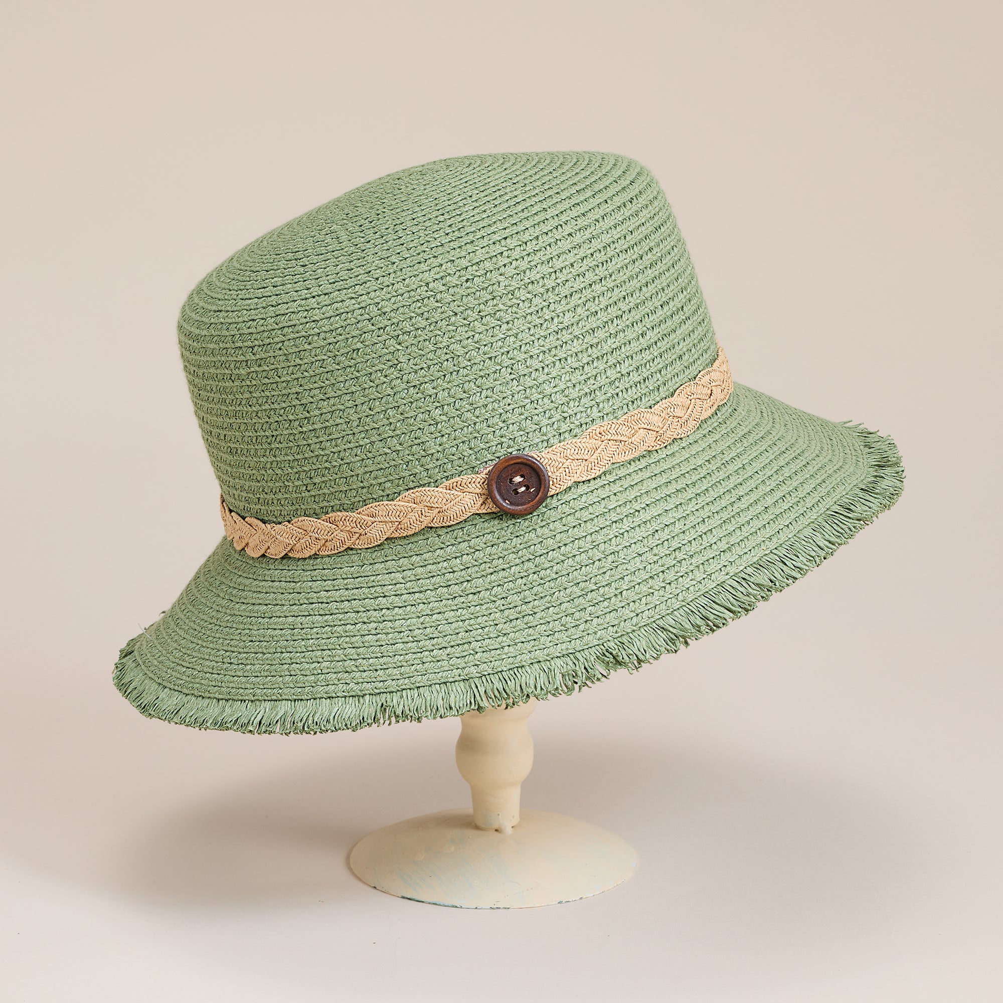 Raya Fringed Straw Sage Bucket Hat | Uno Alla Volta