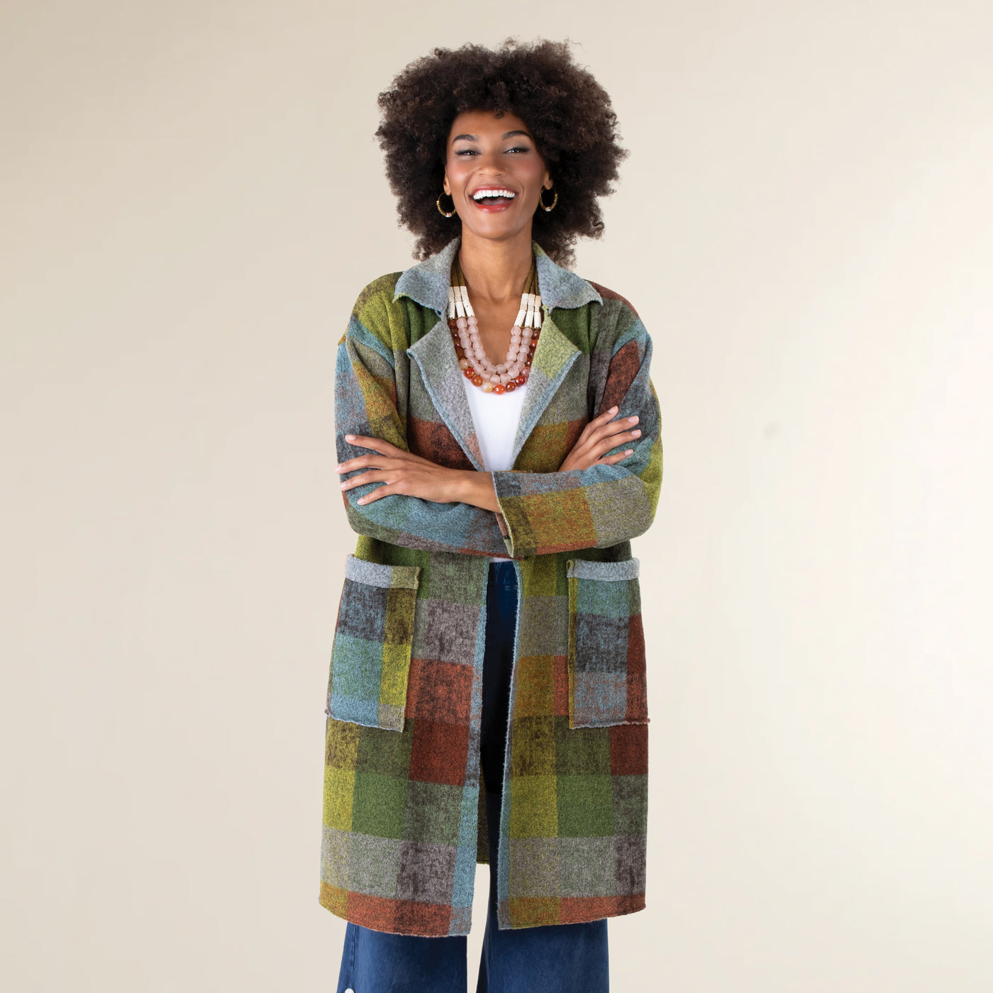Cozy Plaid Open Front Jacket | Uno Alla Volta