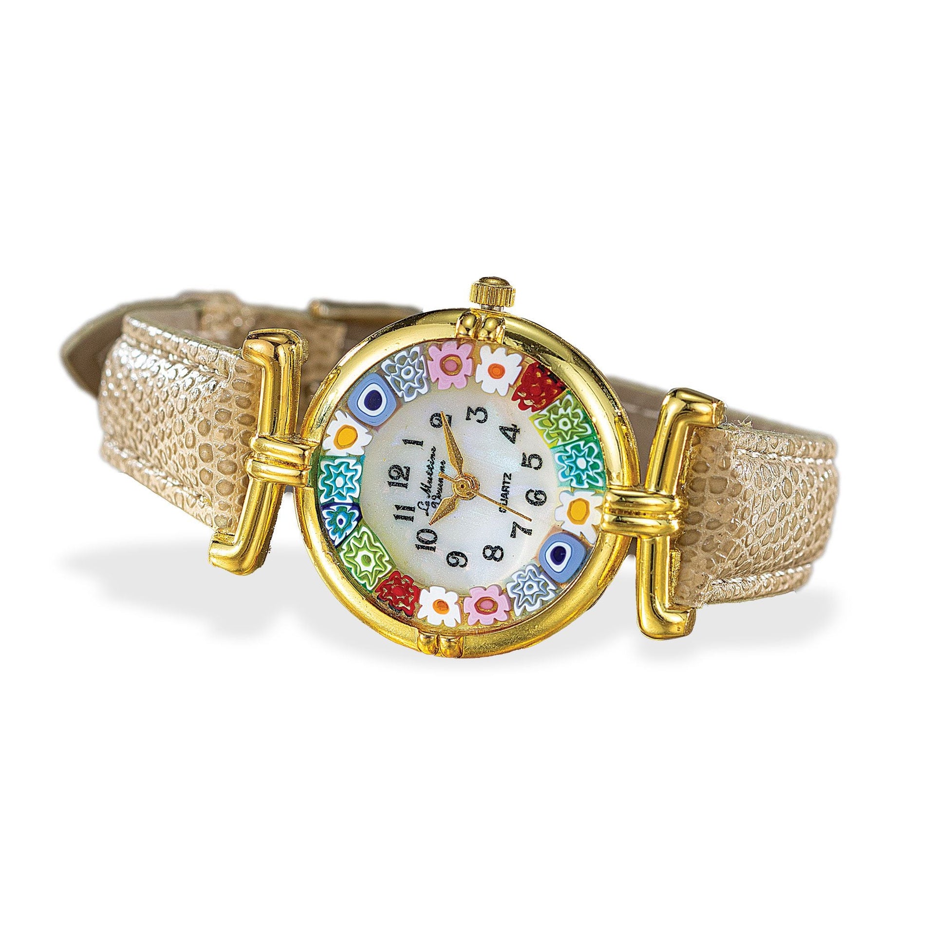 Murano Glass Millefiori Watch With Champagne Gold Leather Band | Uno ...
