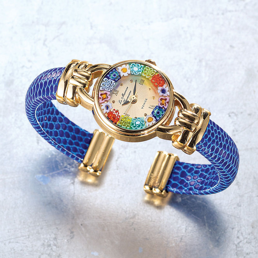 Murano Glass Millefiori Blue Cuff Watch | Uno Alla Volta